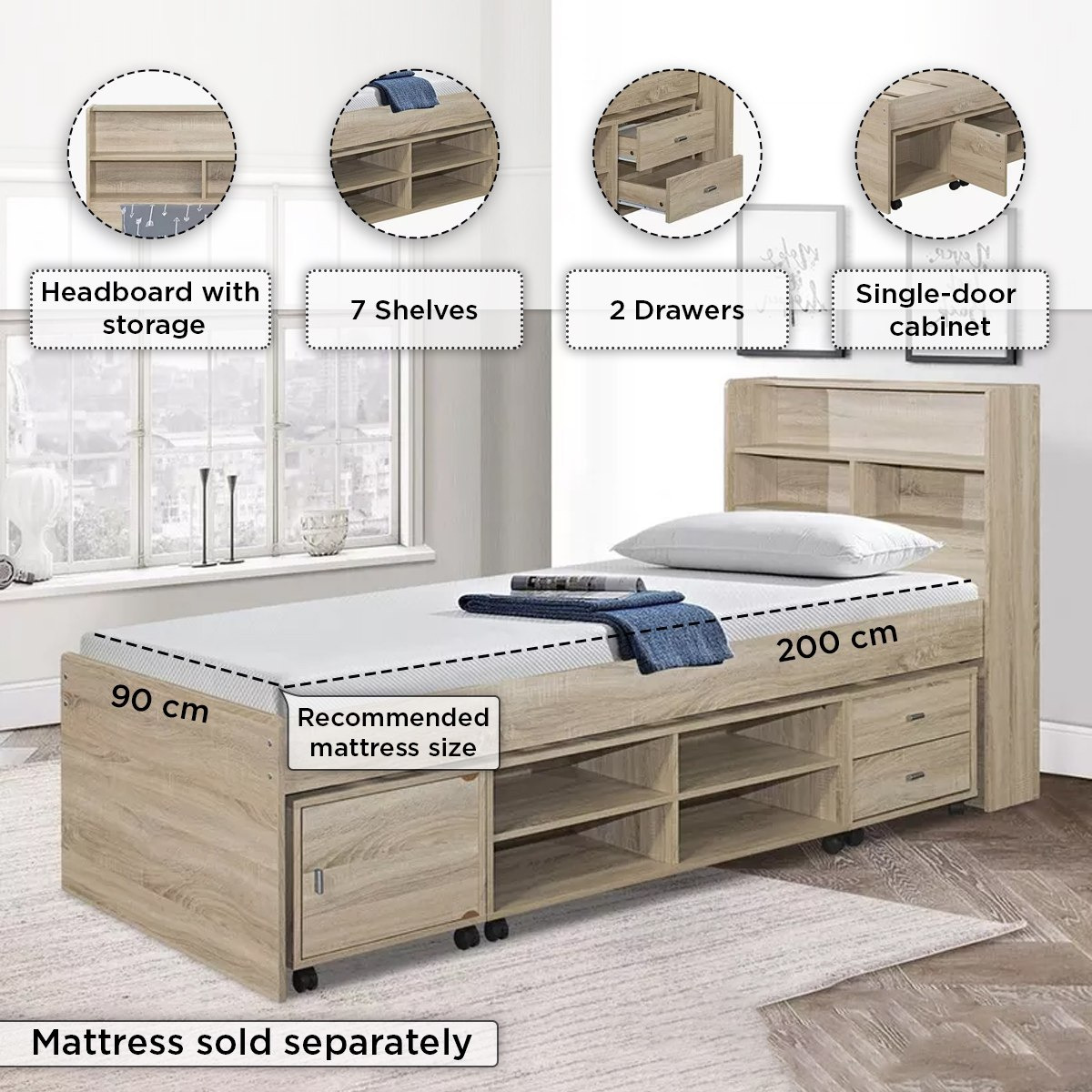 Buy Cooper Single Bed with Storage 90x200 cm Online in UAE Homebox