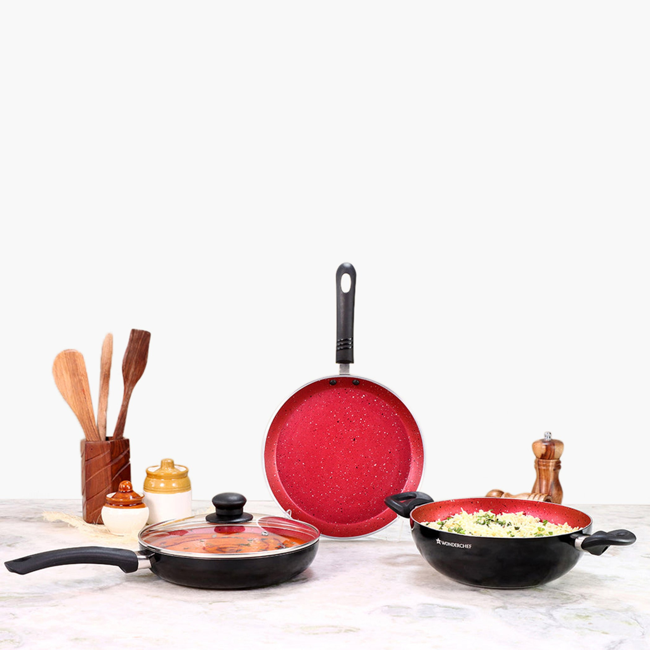 Buy Wonderchef 4-Piece Non-Stick Tawa-Pan-Wok Induction Bottom Cookware ...