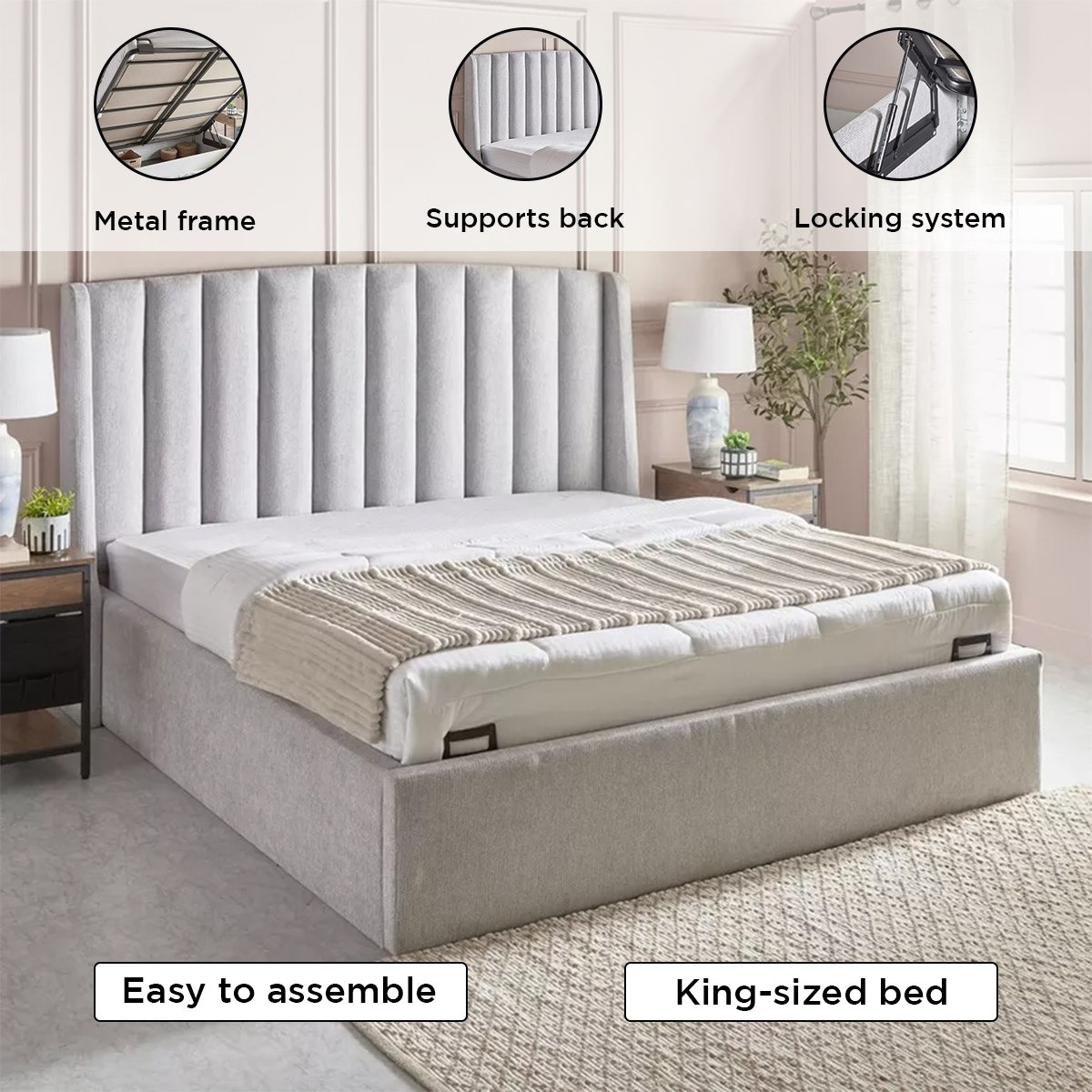Buy Maine Lewis Upholstered King Bed with Hydraulic Storage 180x200 cm Online in UAE Homebox