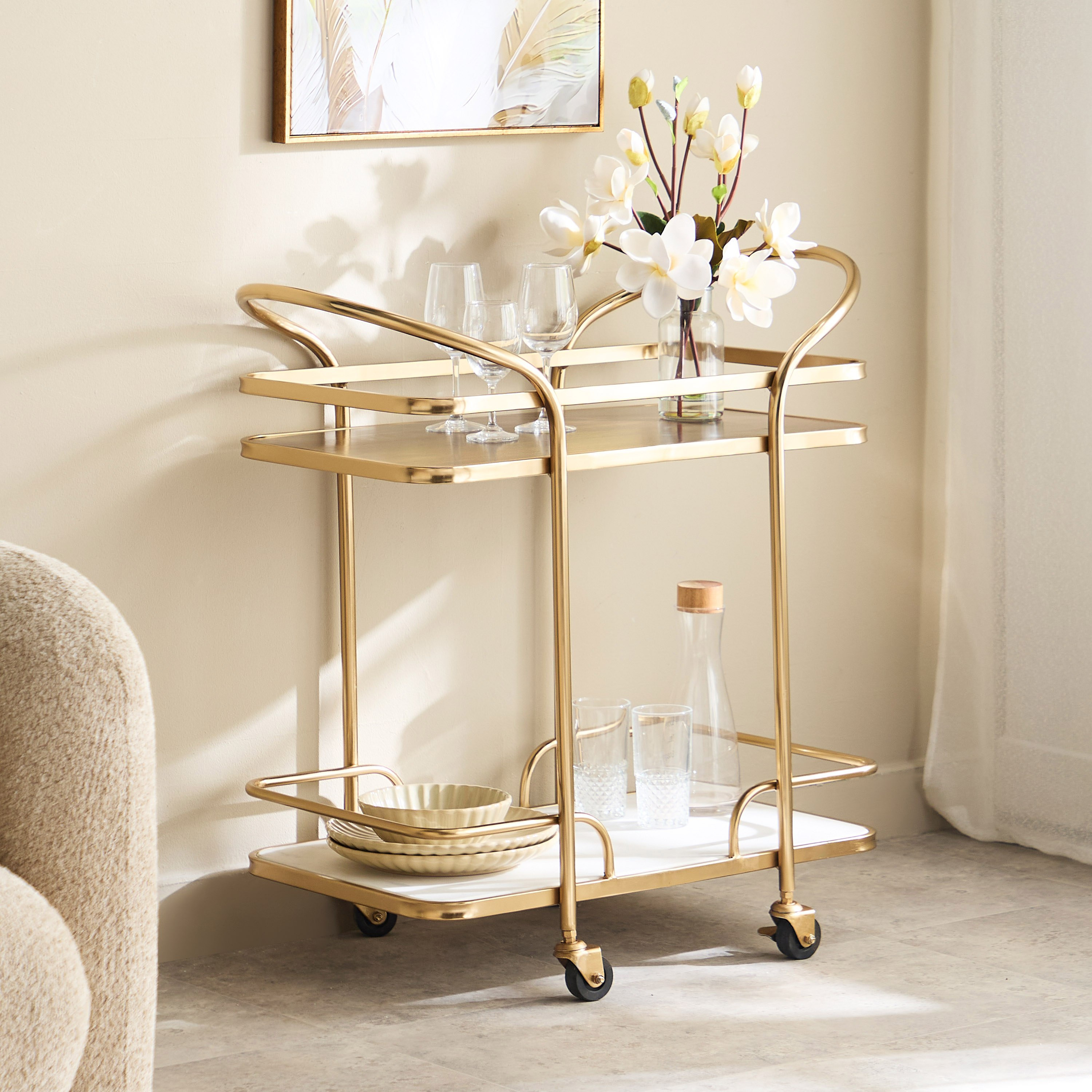 Buy Cavon Steward Solid Wood and Genuine Marble Shelf Serving Trolley ...